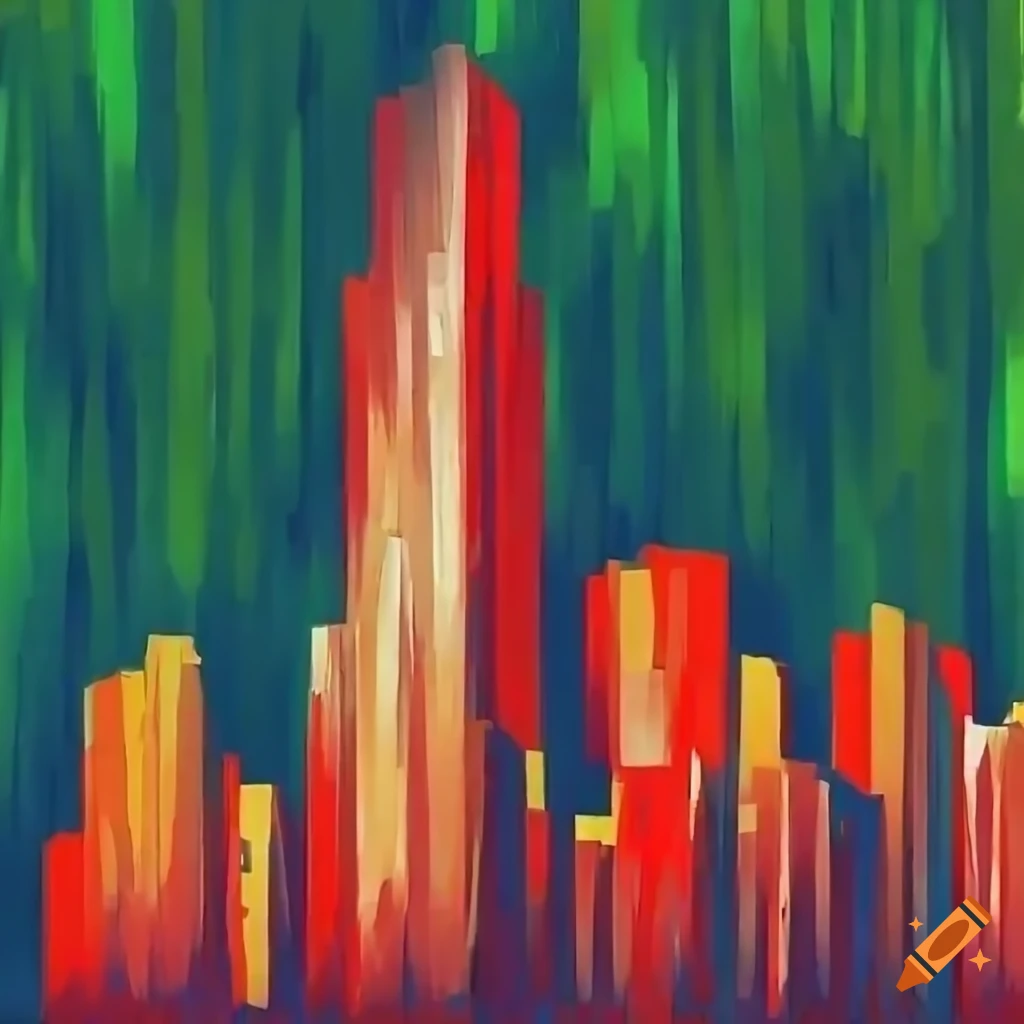 Tall skyscraper red building with bright green jagged lines with ...