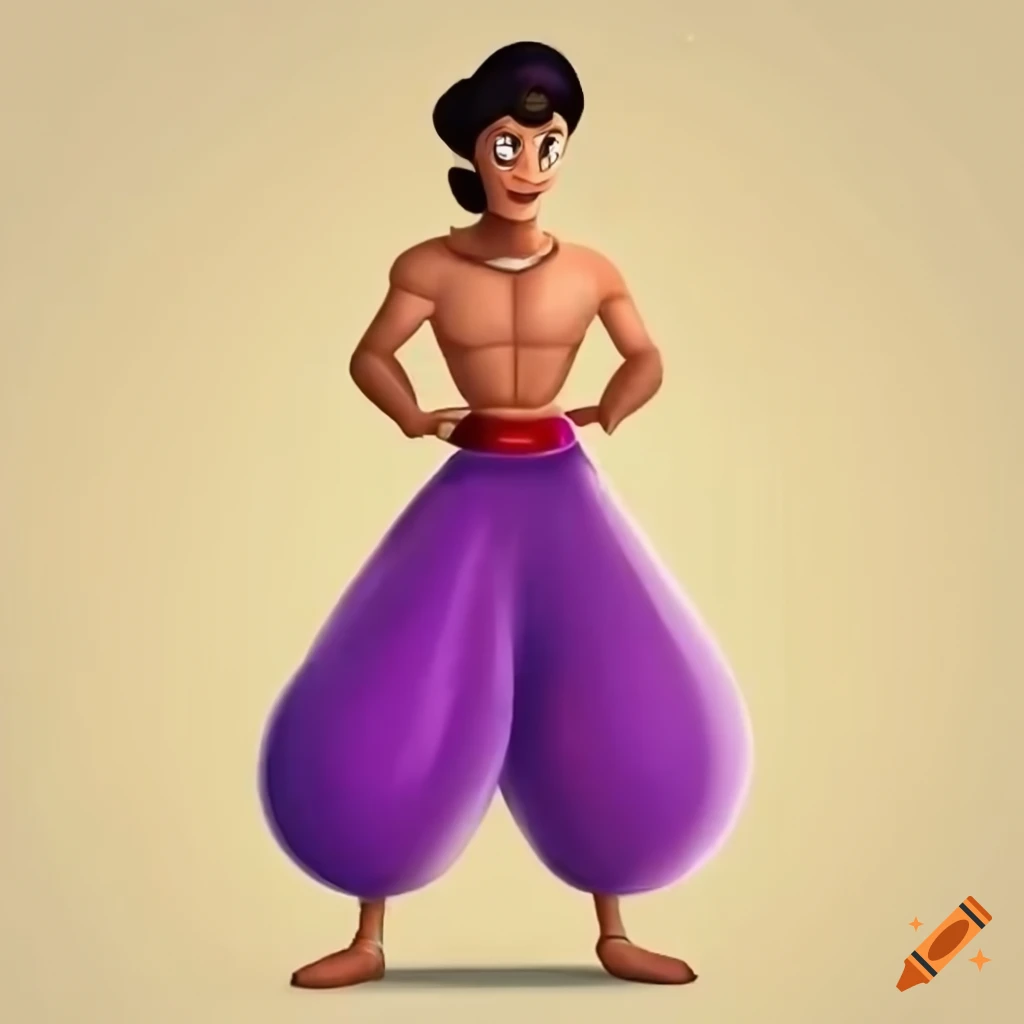 Cartoon young character wearing overized, large aladdin pants standing ...