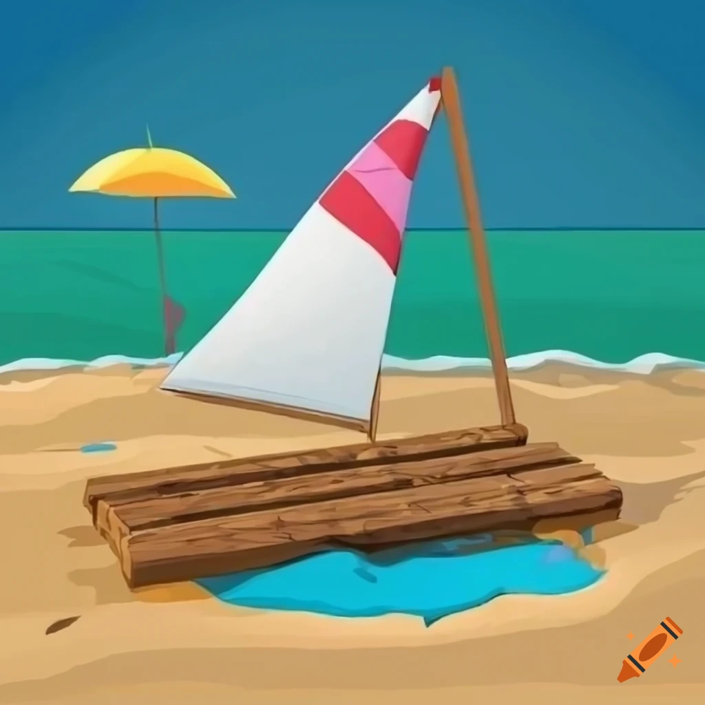 A wooden plank raft with a sail on a beach in a cartoon rendering
