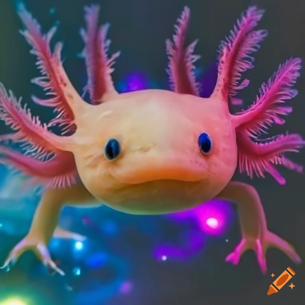 Axolotl head shot made of galaxies and stars in neon colors award winning photograph on Craiyon