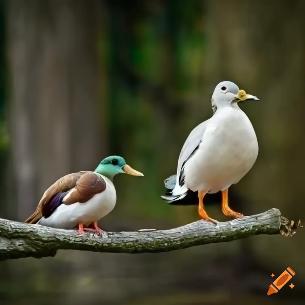 Duck and dove sitting on a tree branch on Craiyon