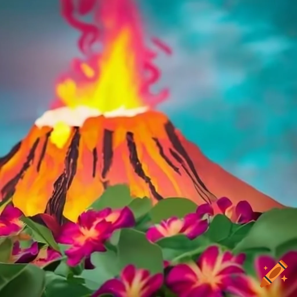 Colorful hawaiian luau party with a volcano and vibrant flowers