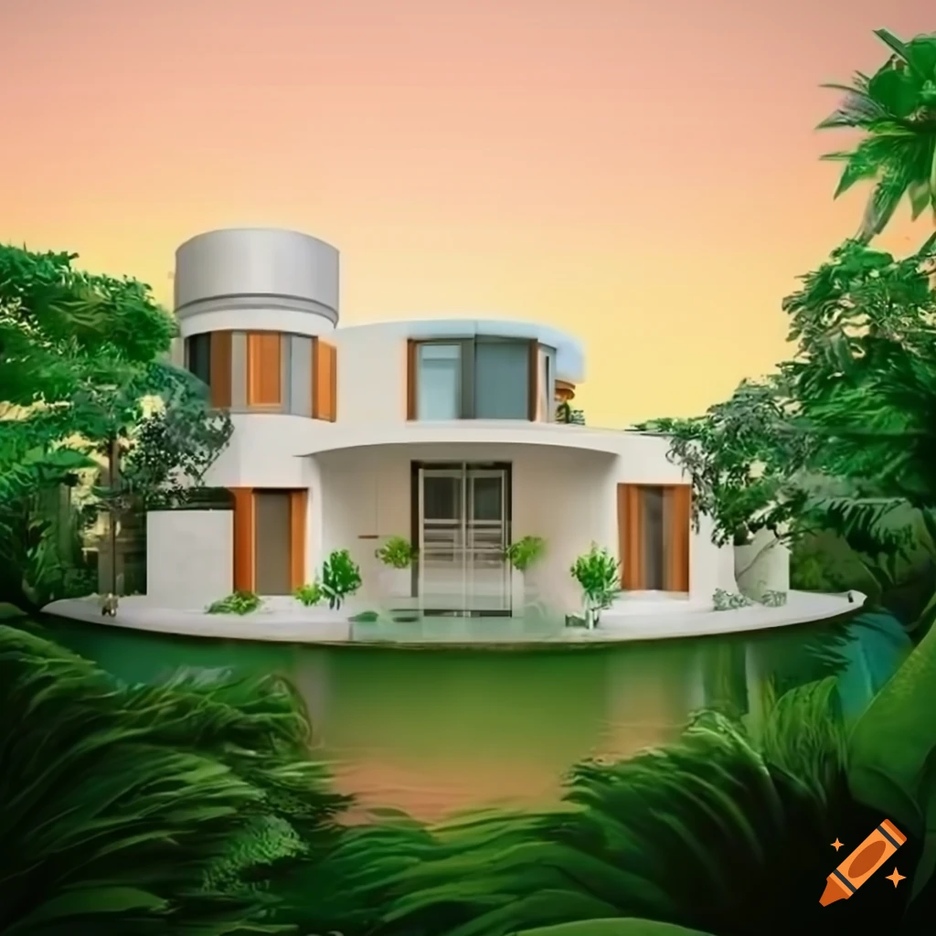 An art deco inspired house with curved walls, hipped roof, courtyard ...