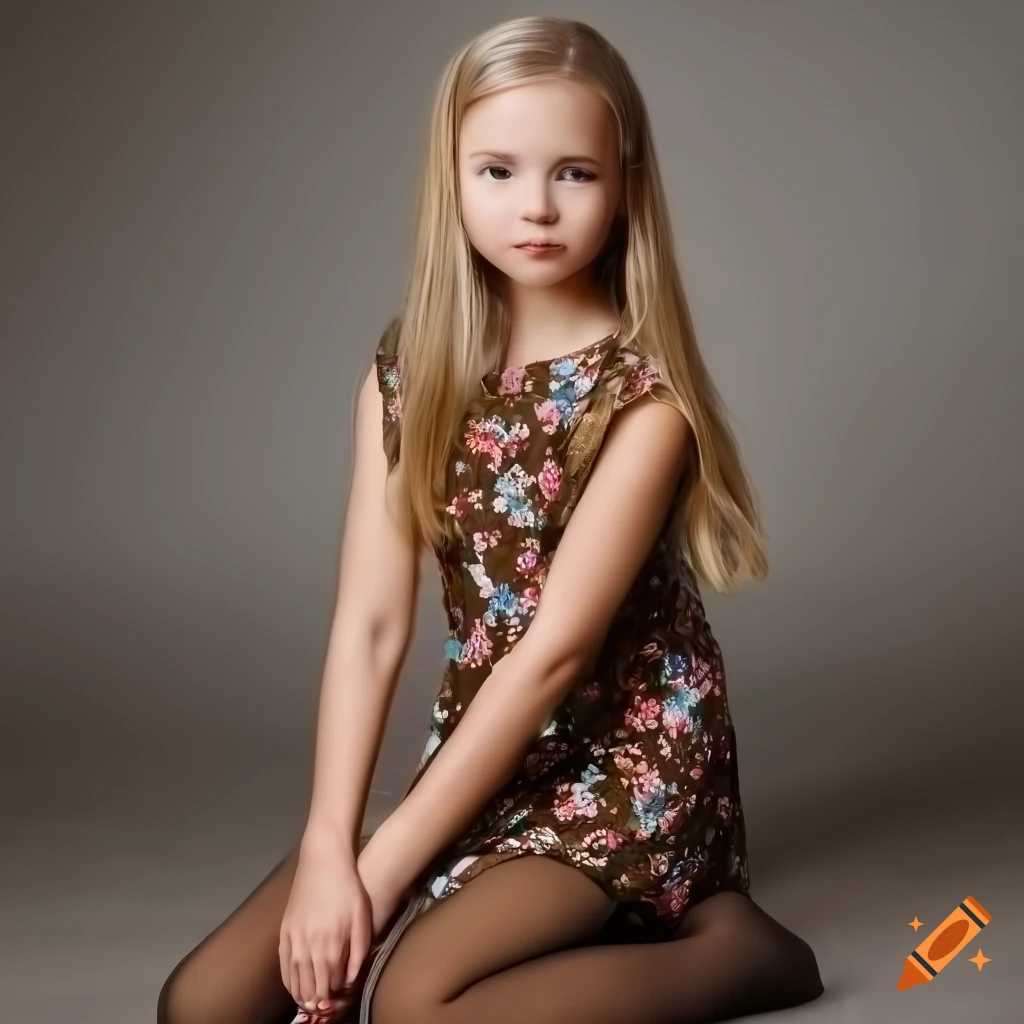 Pretty girl, long blonde hair, big eyes, floral print dress, brown tights, photorealistic, high ...