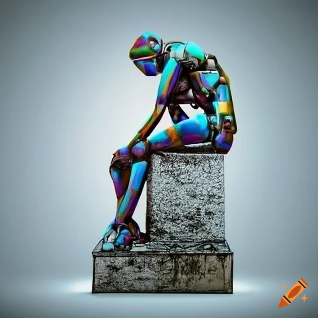 Robot thinker statue colourful on Craiyon