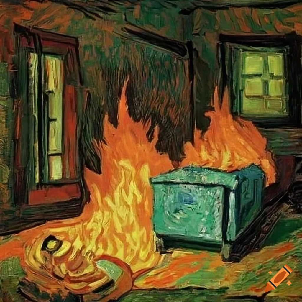 Dumpster filled with trash on fire painting by vincent van gogh on Craiyon