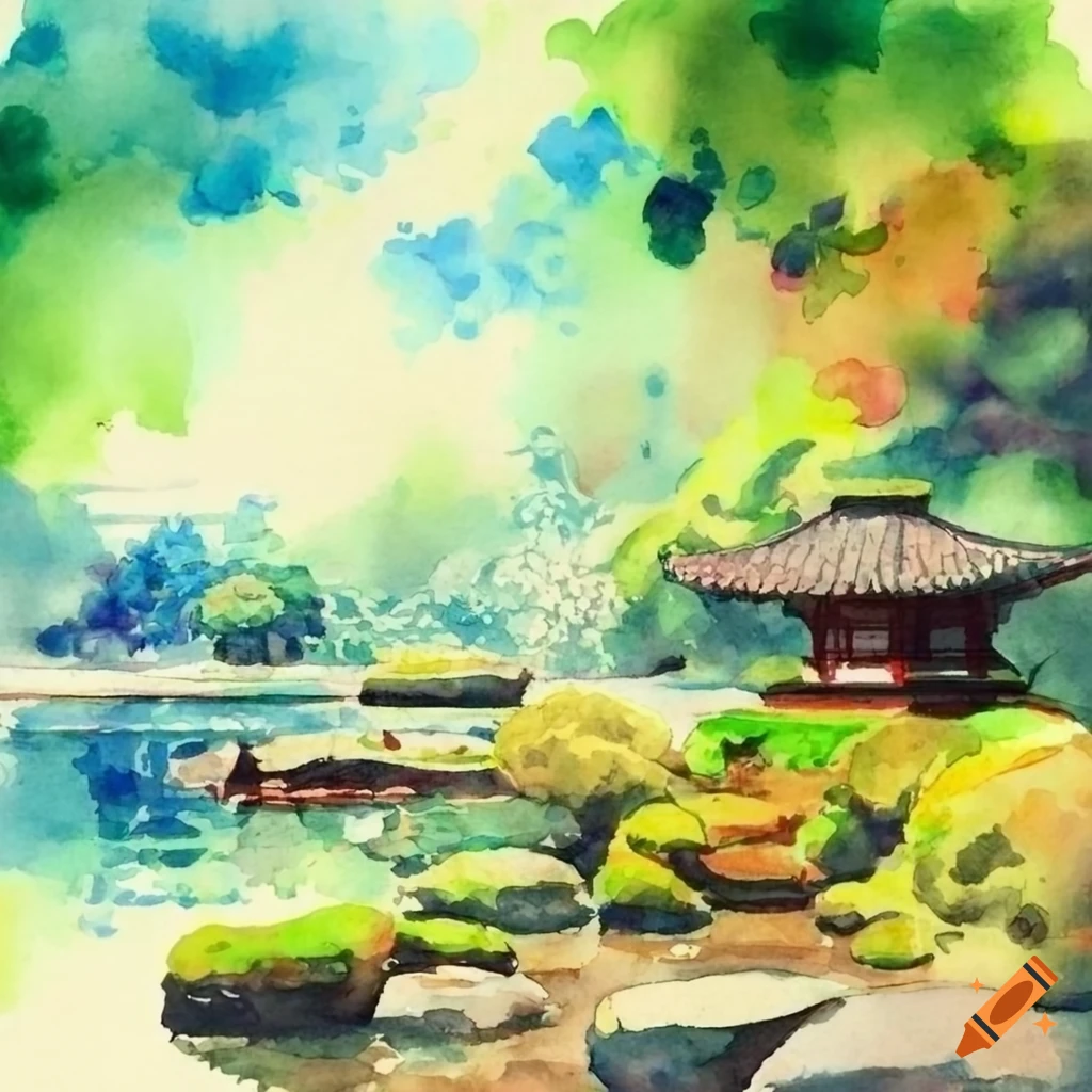 Japanese garden with water in watercolor painting style on Craiyon