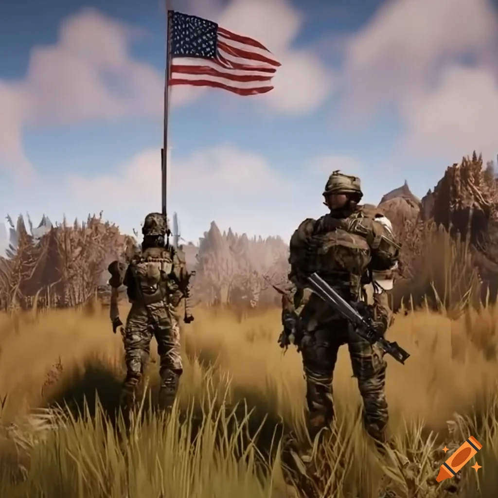 Unreal engine 5 sci-fi U.S. soldiers with U.S. flag at grassland and ...