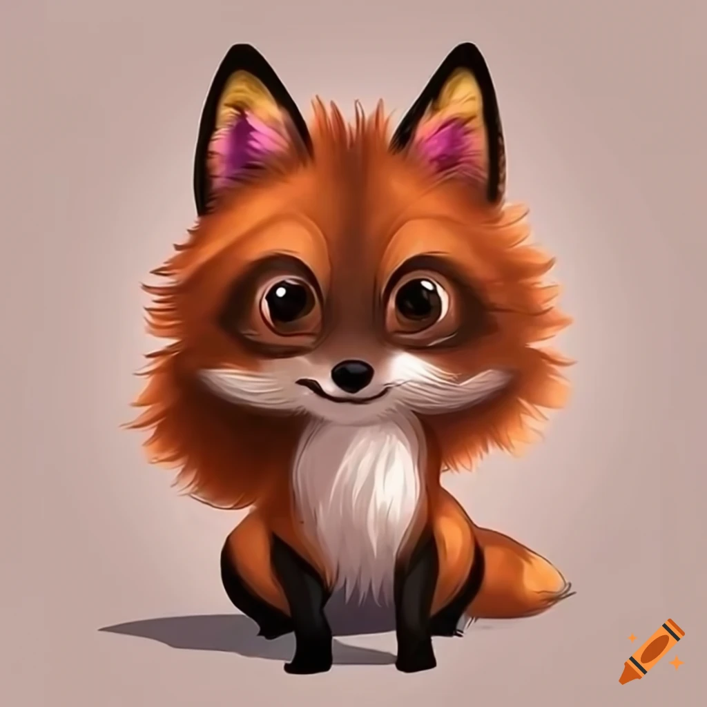 Cute fluffy cartoon melanistic fox, realistic fire fox