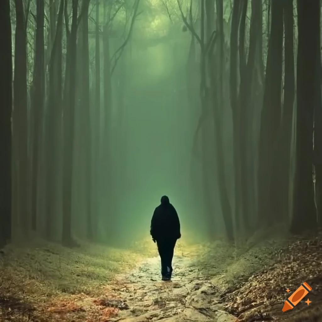 A lonely man, walking in the forrest, back view on Craiyon