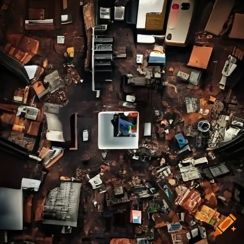 A chaotic office seen from above on Craiyon