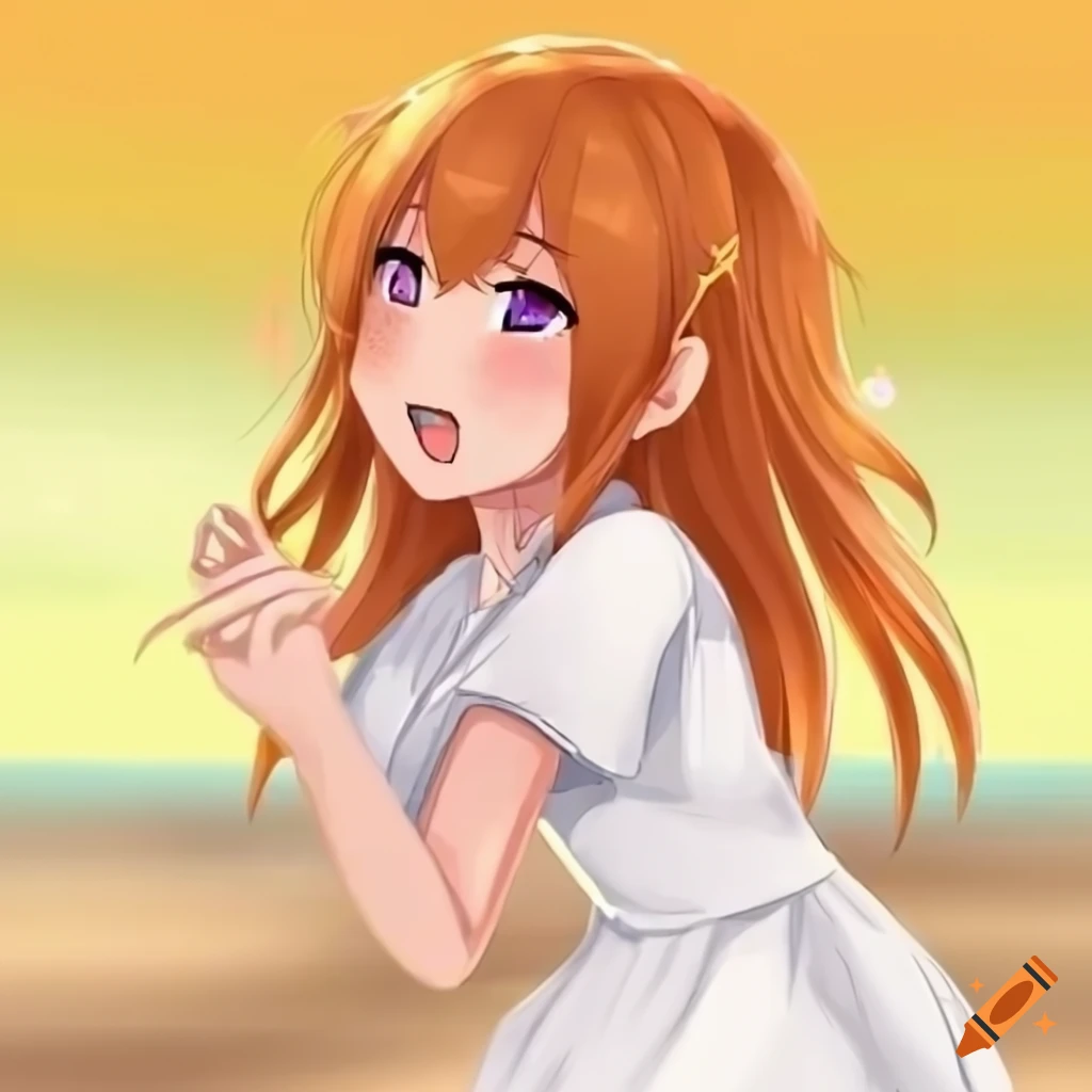 Cute & shy girl with long bangs and orange hair wearing a white dress ...
