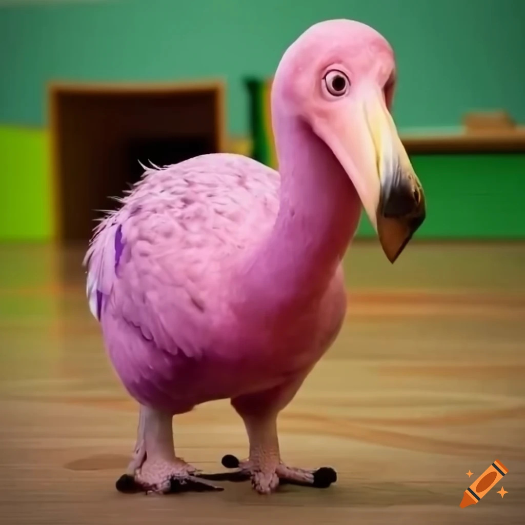 Big pink dodo with a long neck and bulgy black eyes and yellow beak ...