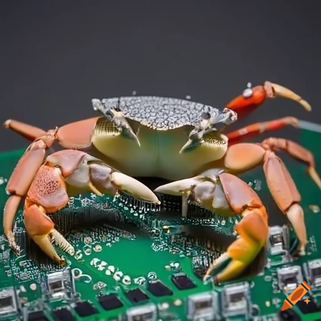 A crab exploring a microchip circuit board on Craiyon