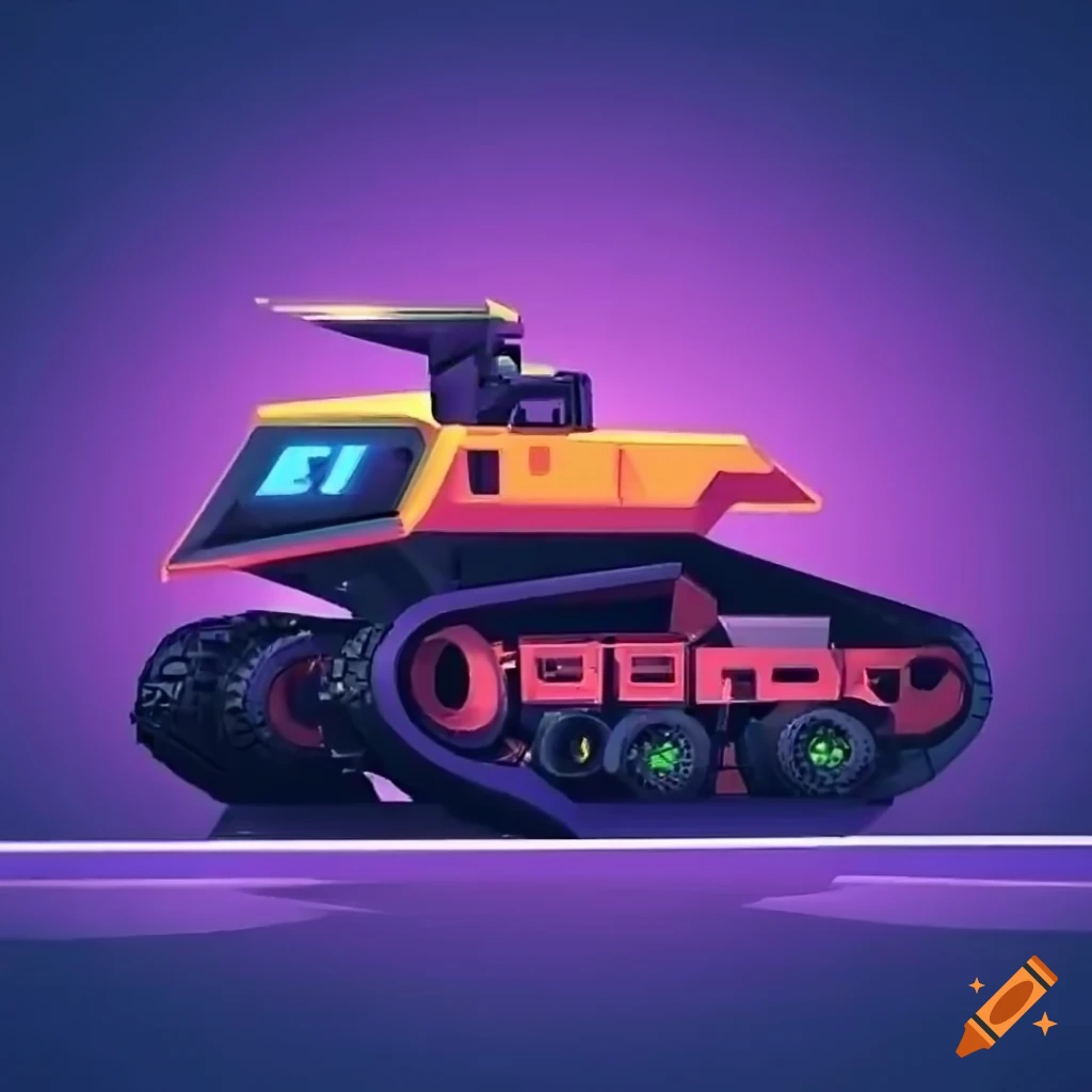 Tracked crawler vehicle, designed for rescue missions, neon cockpit ...
