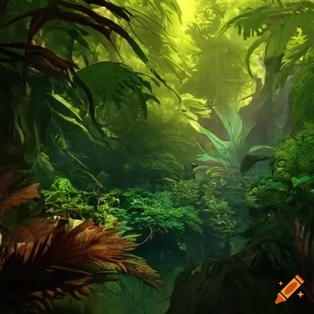 Lush fantasy jungle teeming with exotic creatures and vibrant foliage on Craiyon