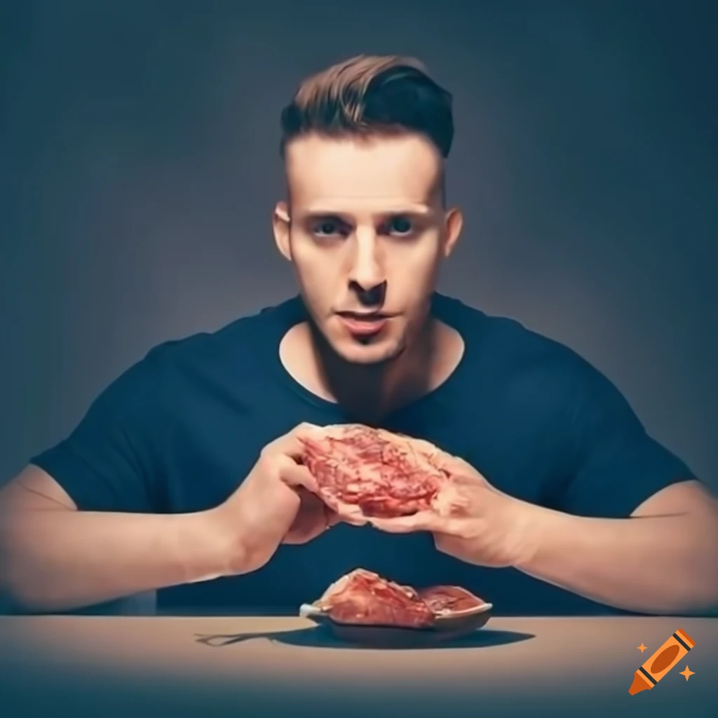 Handsome man at table eating meat