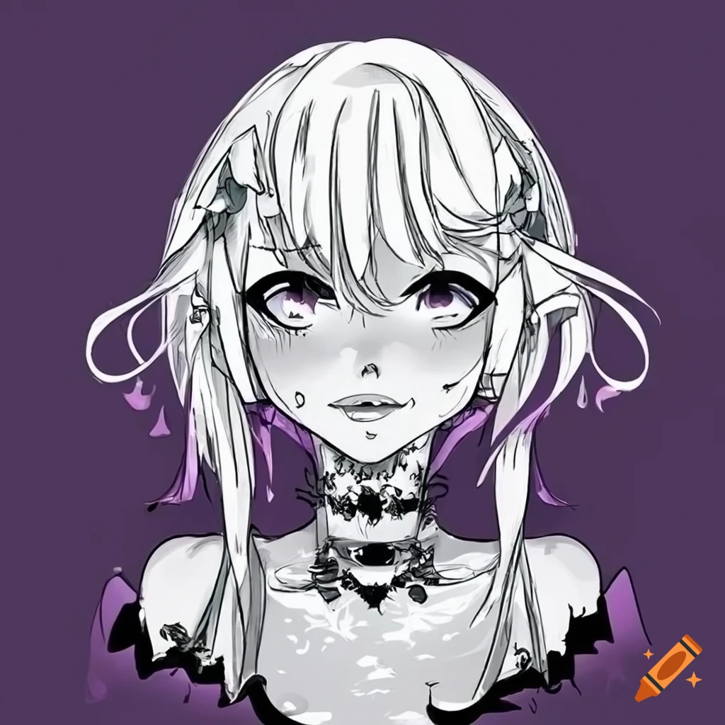 Black and white small anime style monster girl outline