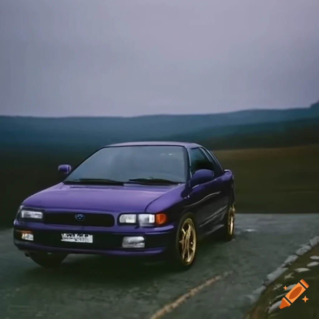 A 1996 subaru impreza 555 painted midnight purple driving a snowy hill