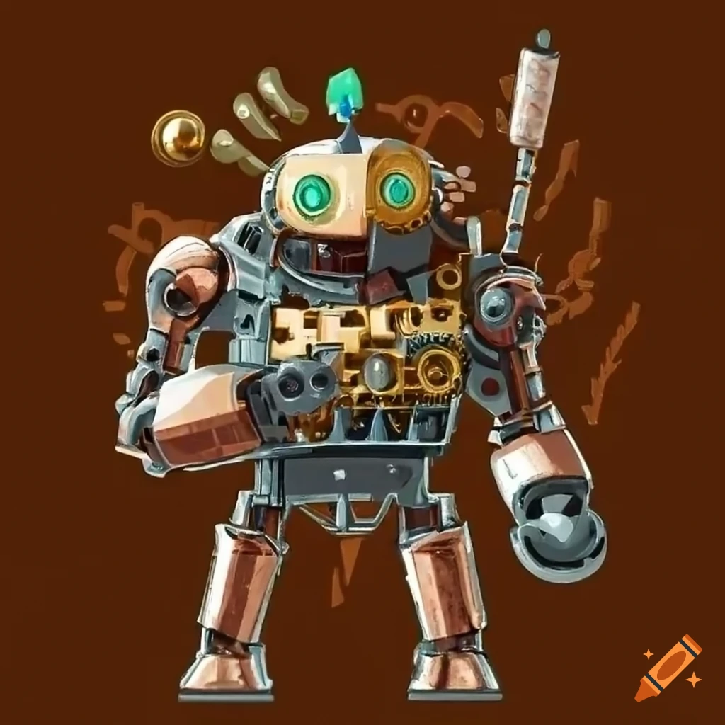 Steampunk war robot with weapon spiky hammer made from copper and brass