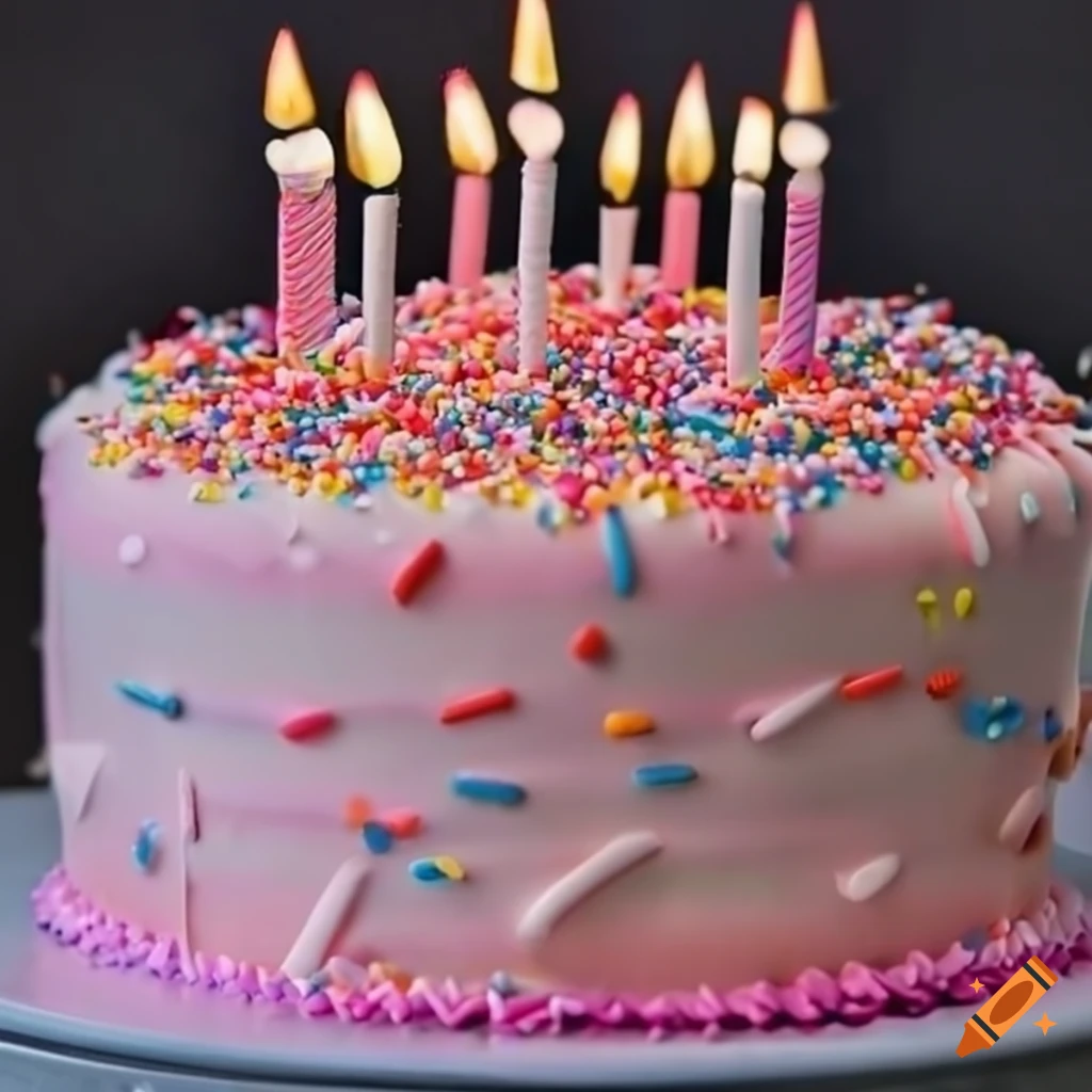 A beautifully decorated birthday cake with pink frosting and sprinkles