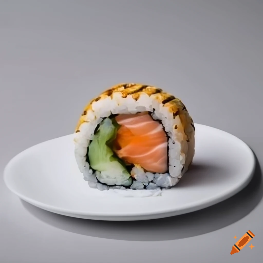 Single sushi roll in a white plate on a white background