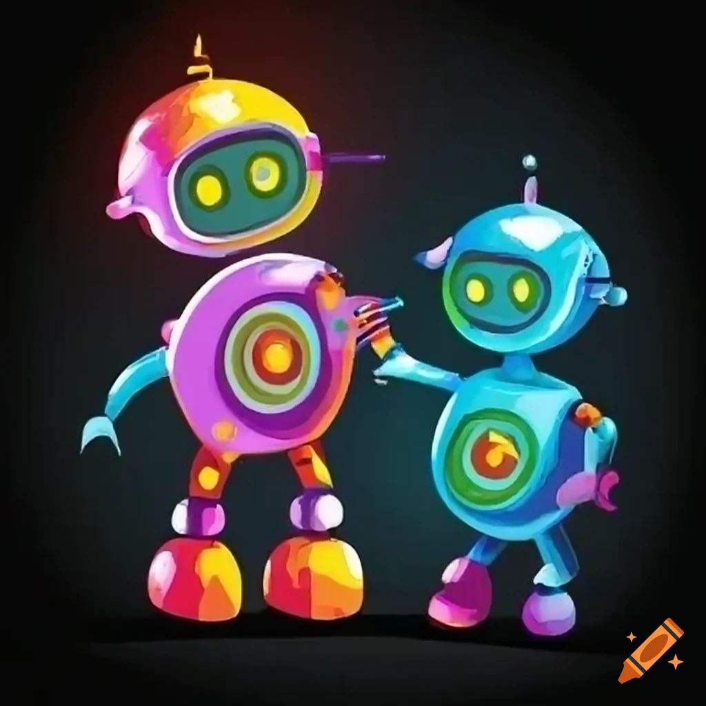 Robot family , mom dad and little robot roby in big modern city