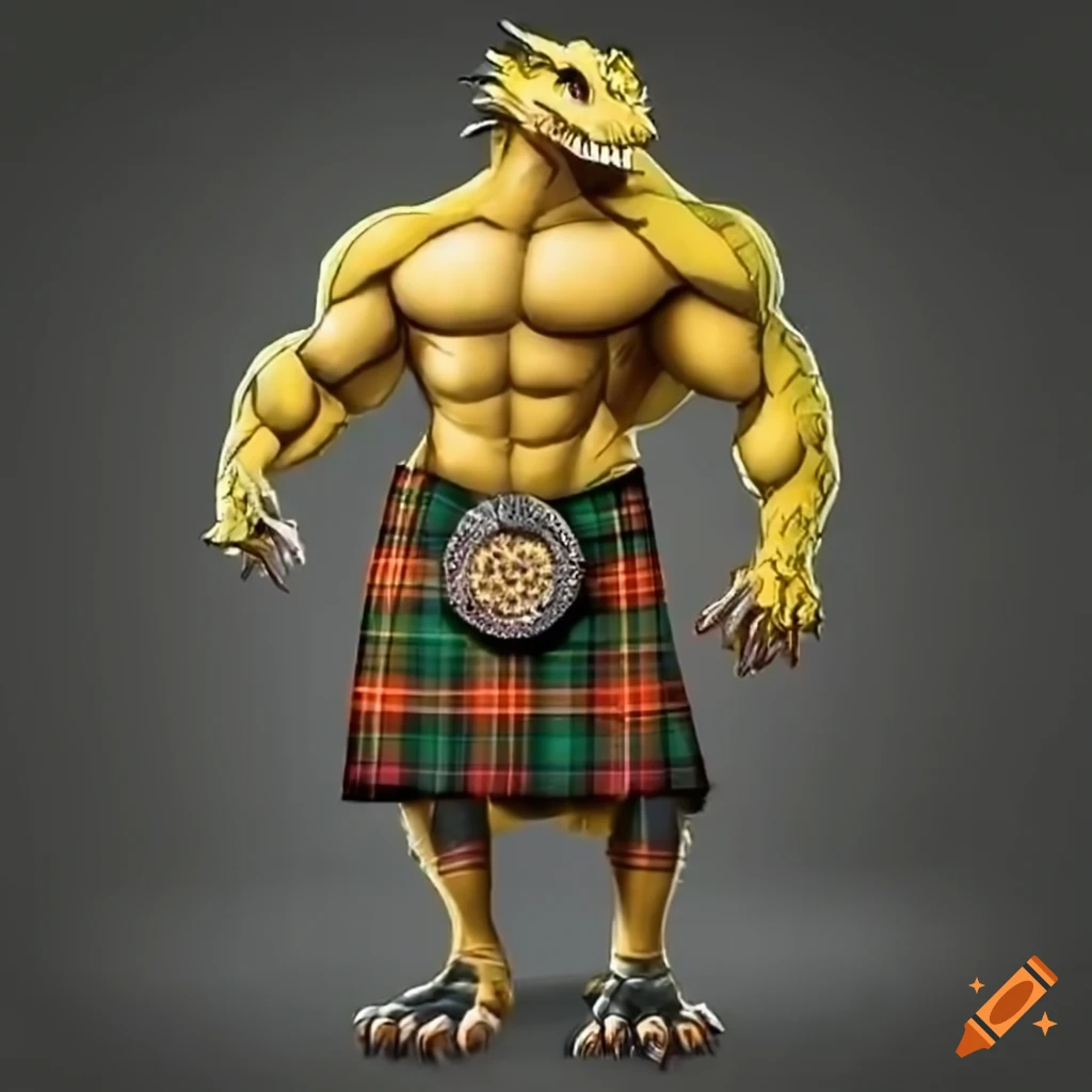 Muscular anthro yellow dragon wearing scottish highlands outfit with kilt