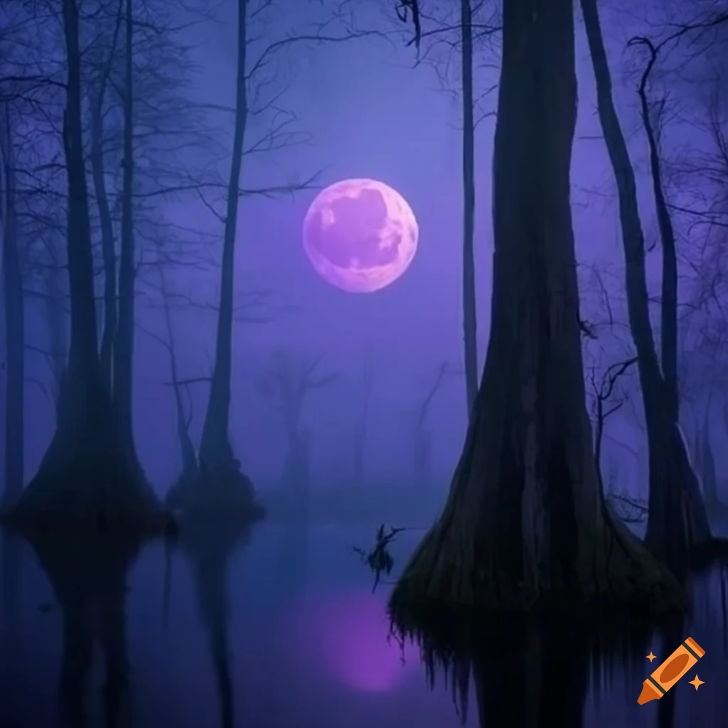 Swamp lake of the rising moon, foggy night, purple tree in front of ...