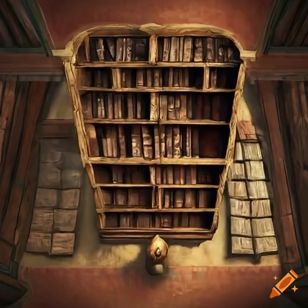 Top down view of bookshelf, medieval fantasy art on Craiyon