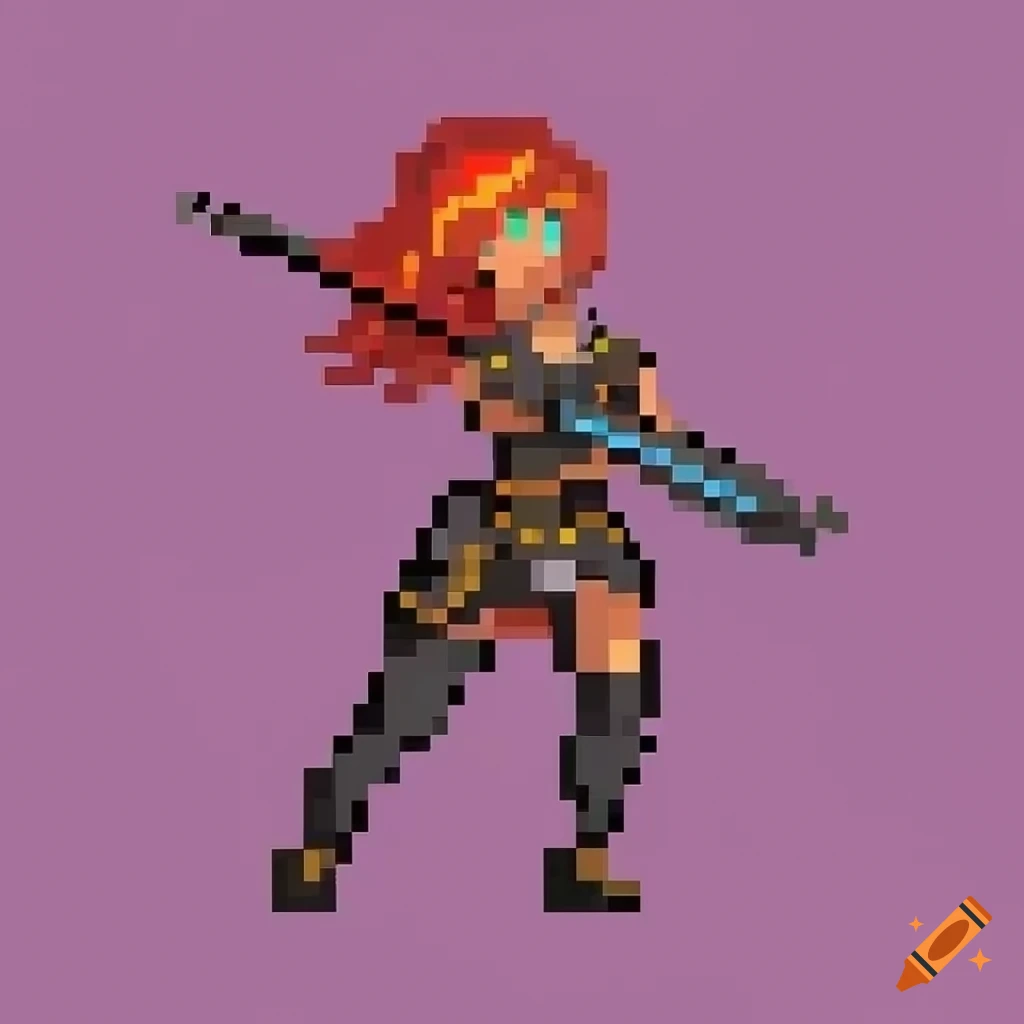 8 bit pixel art of a fiery red haired female swordsman