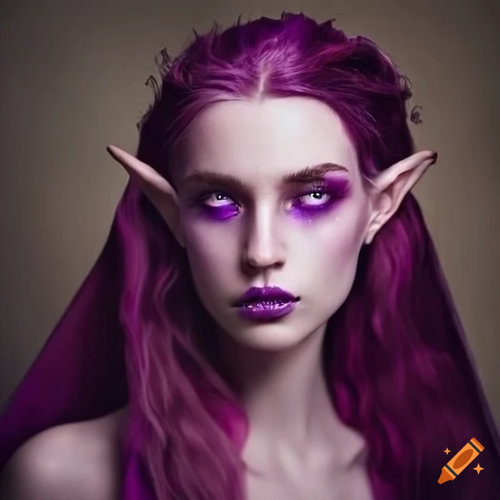 Portrait of an enchanting elven woman with captivating purple eyes