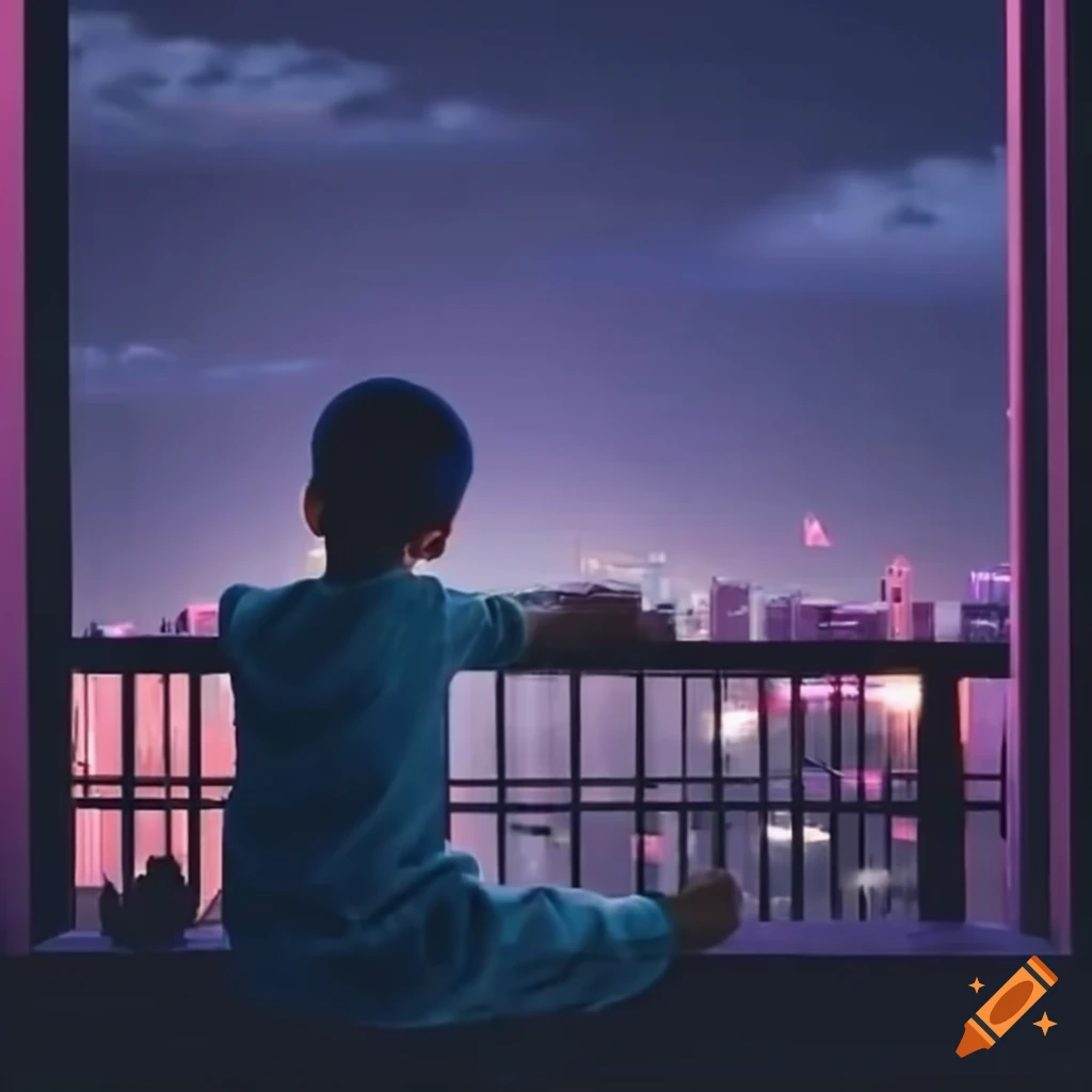 A boy observing the cityscape from his balcony in night on Craiyon