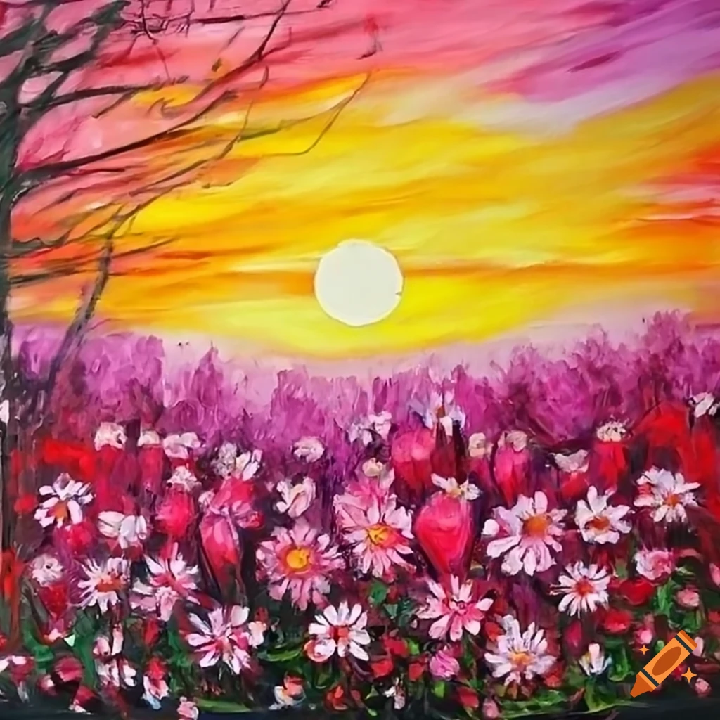 Pink flowers meadow. sunrise. oil painting. very detailed drawing ...