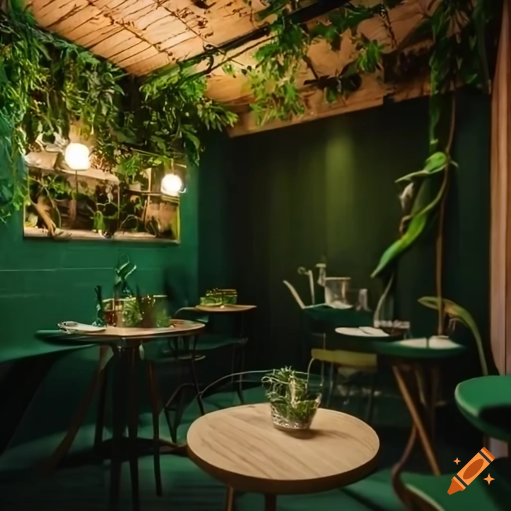 Stylish dark green café with plants and cozy atmosphere on Craiyon