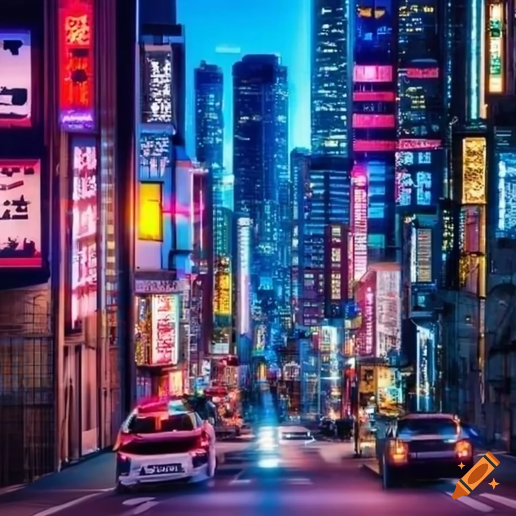 A city skyline that blends tokyo and seattle. with neon lights