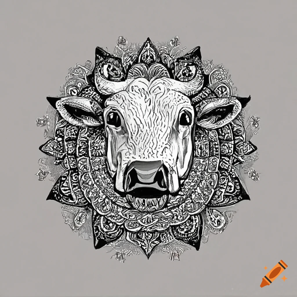 Fine lines, black and white ink pen sketch of a cow mandala on Craiyon