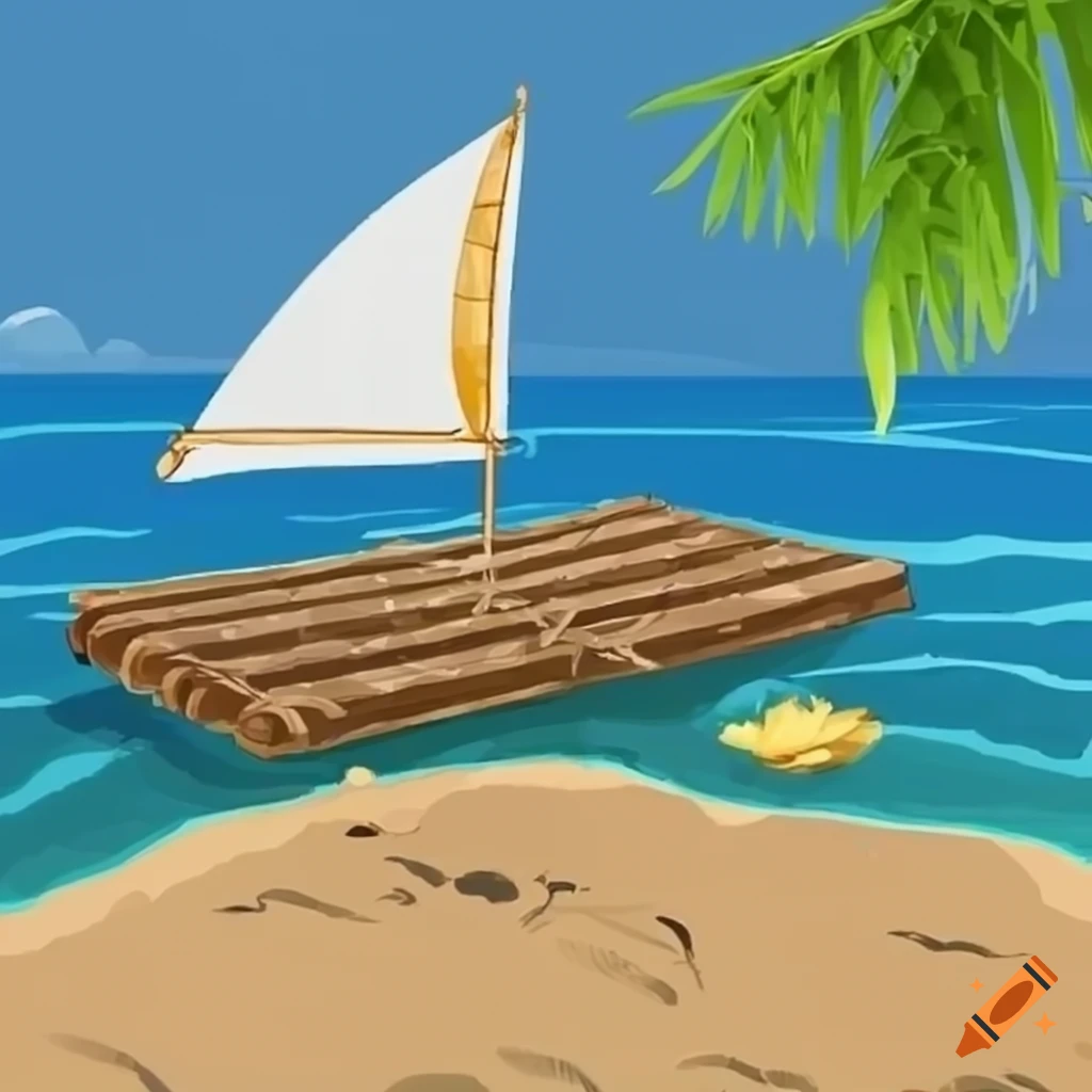 A wooden plank raft with a sail on a beach in a cartoon rendering