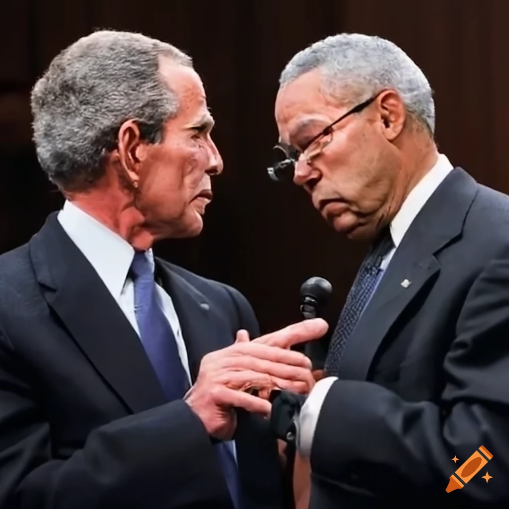George Bush and Colin Powell looking at each other behind microphones ...
