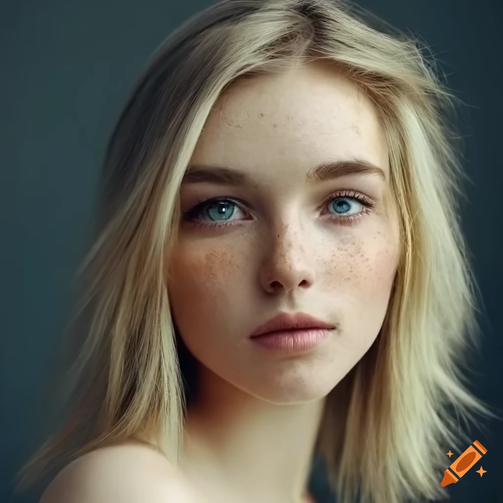 Beautiful young woman shoulder-length blonde hair very light freckles