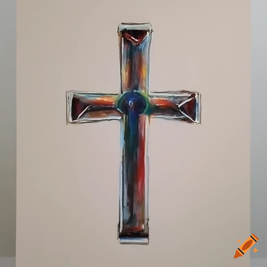 Silver cross on the white. Oil painting. Very detailed drawing. Maximum ...