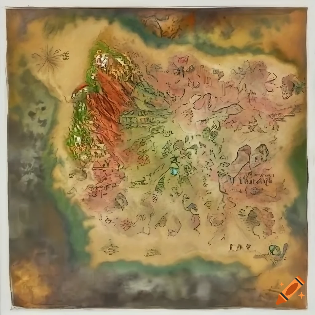 Fantasy map with a top-down view, including the following: a city named ...