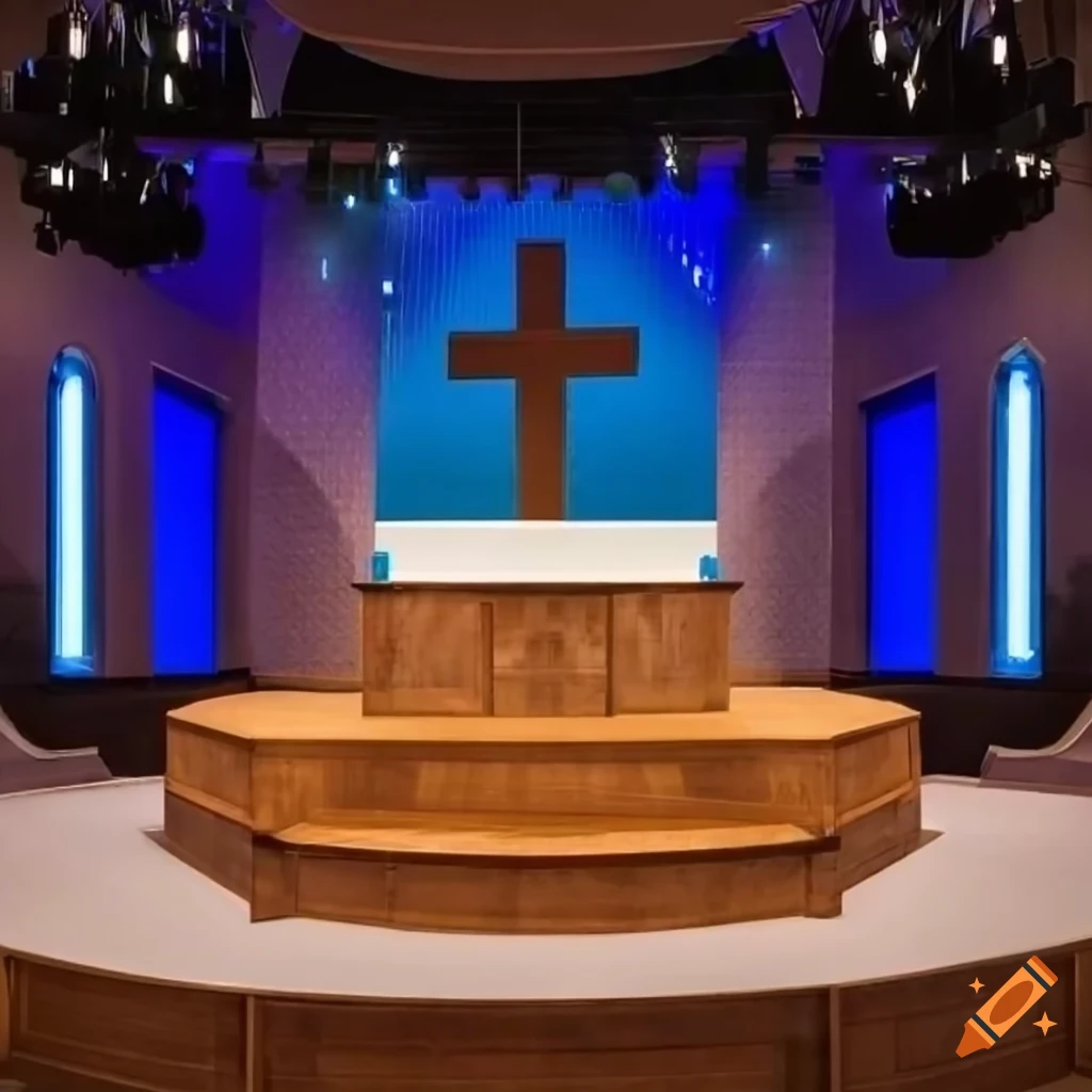 Baptist church with large stage with podium on Craiyon