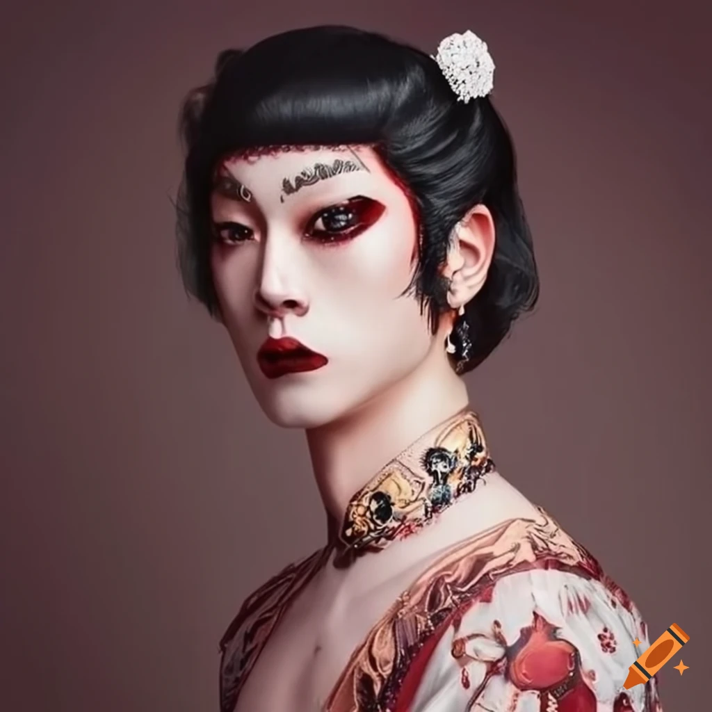 A stunning ukiyo-e style drag king in intricate lace attire