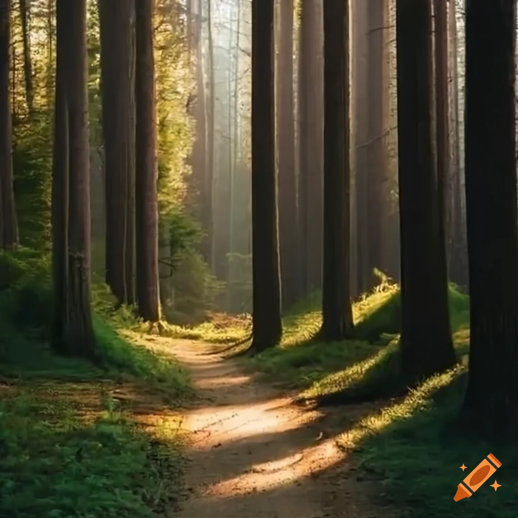 Sunlit forest path with pine trees, creating a dreamy atmosphere on Craiyon