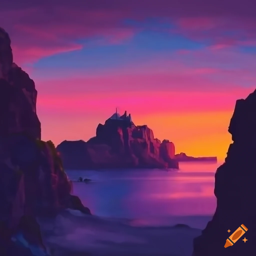 Sunset in a cliff, distant small town, neon colors