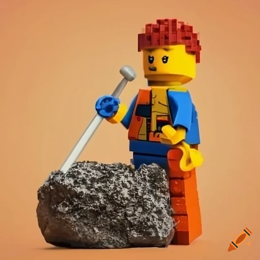 A man made from lego bricks with a hammer stuck on a rock breaking it ...