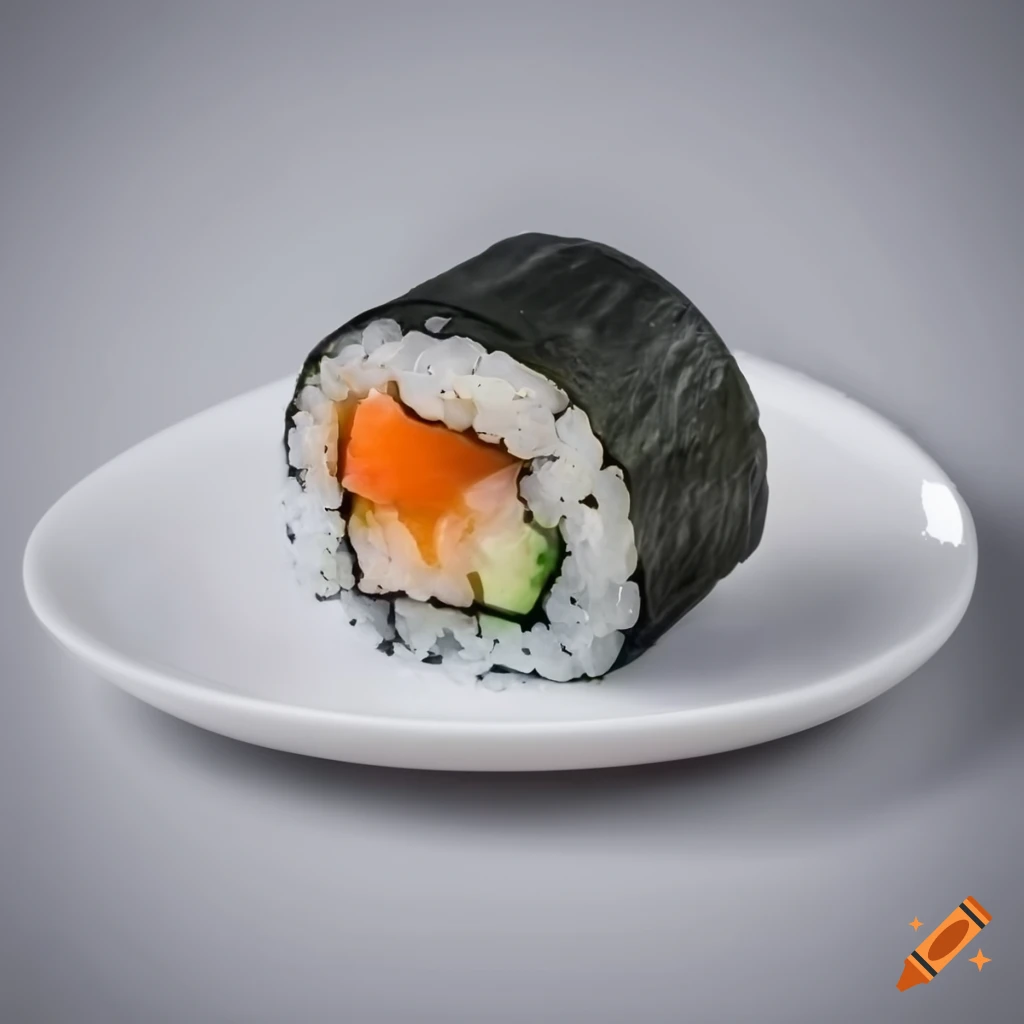 Single sushi roll in a white plate on a white background