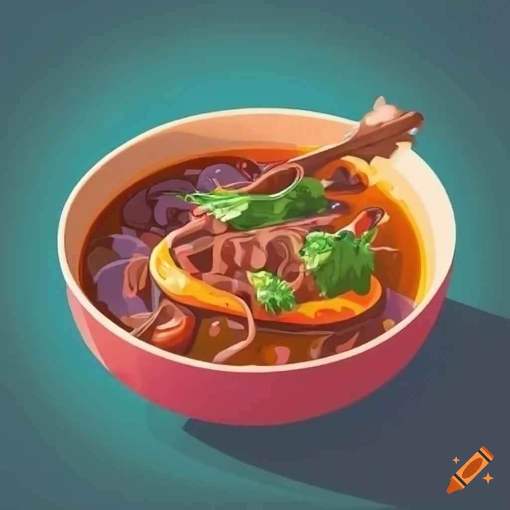 A delicious cartoon bowl of birria with tasty condiments on Craiyon