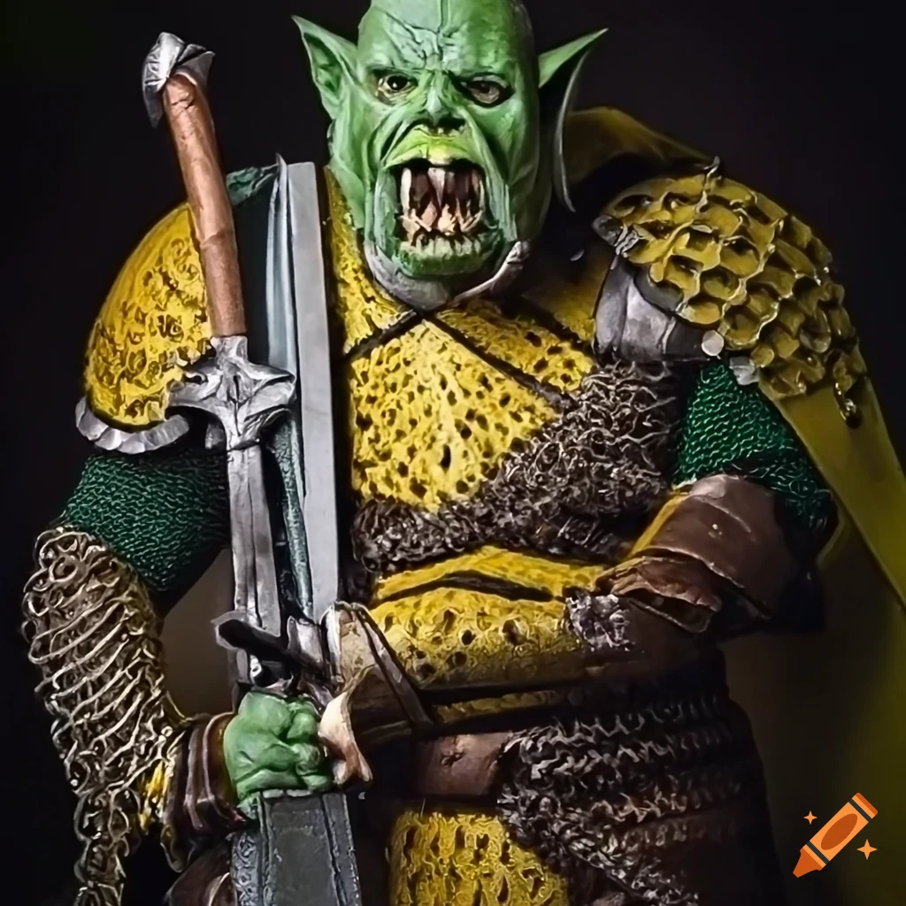 Orc paladin in chainmail armor and yellow dark green cape with a great ...